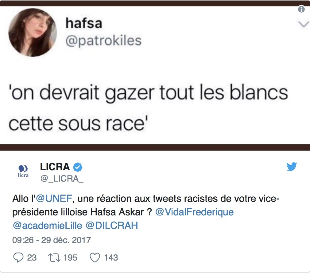 France. Hafsa Askar, vice-présidente de l’Unef "On devrait gazer tout les blancs cette sous race ...